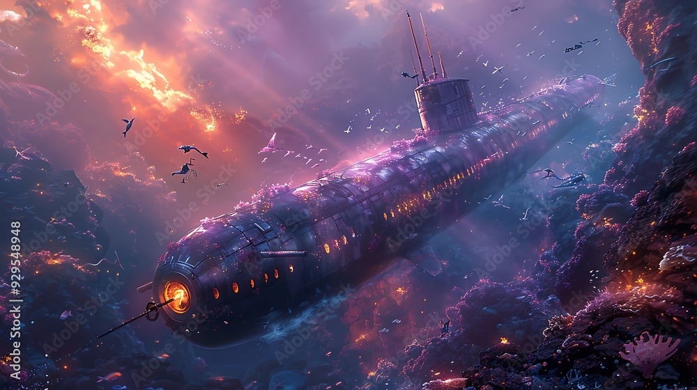 A fantasy-themed image of a submarine in an enchanted underwater realm ...