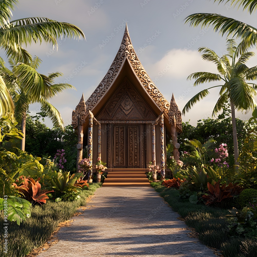 51. A 3D rendering of a traditional Samoan fale with religious and ...