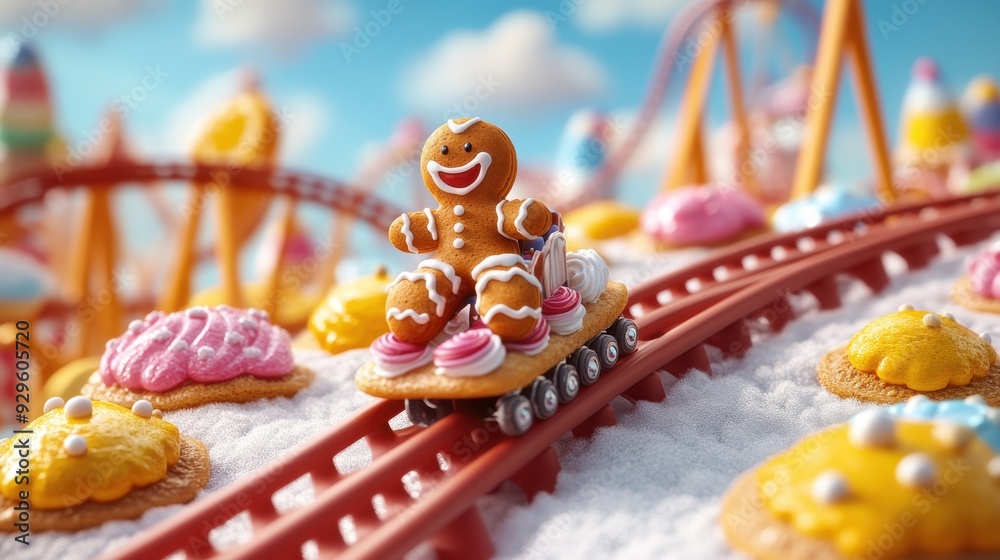 Gingerbread man riding a roller coaster built from pastries and cookies ...