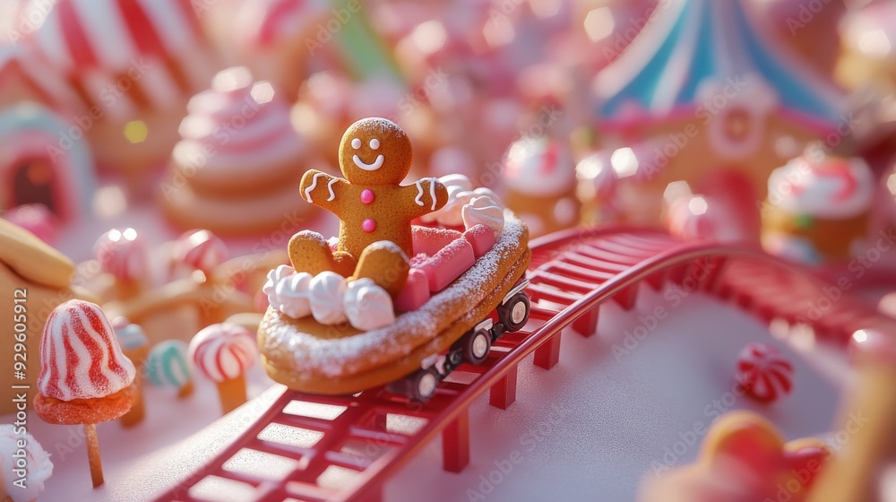 Gingerbread man riding a roller coaster built from pastries and cookies ...