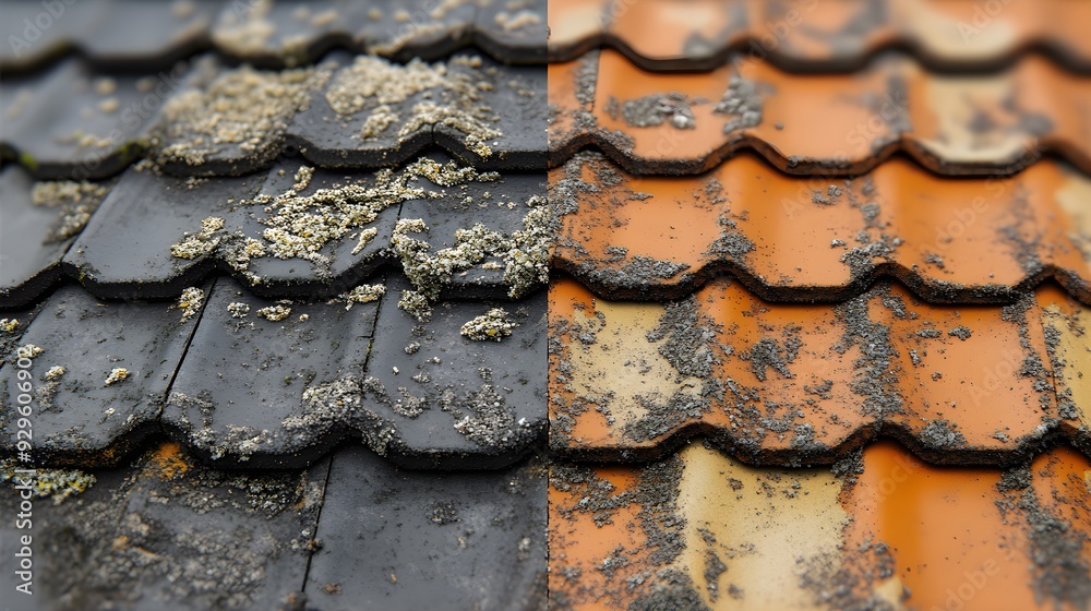 Comparison of roof conditions before and after hail damage, showcasing ...