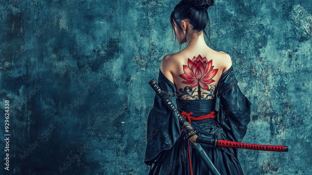 Portrait of a samurai female model with traditional style and beautiful ...