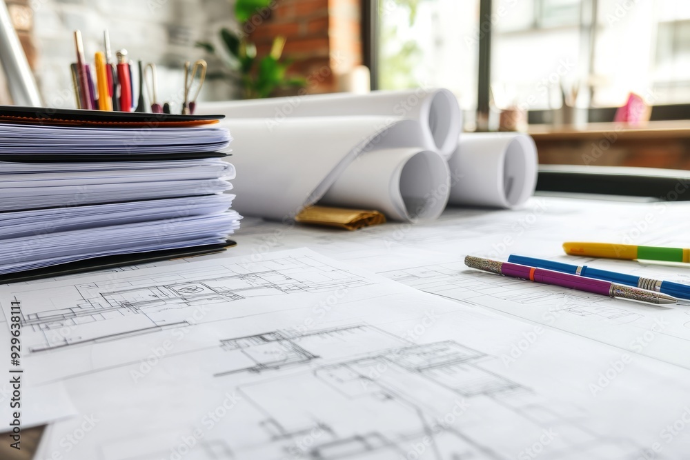 An office desk featuring a stack of blueprints and architectural ...