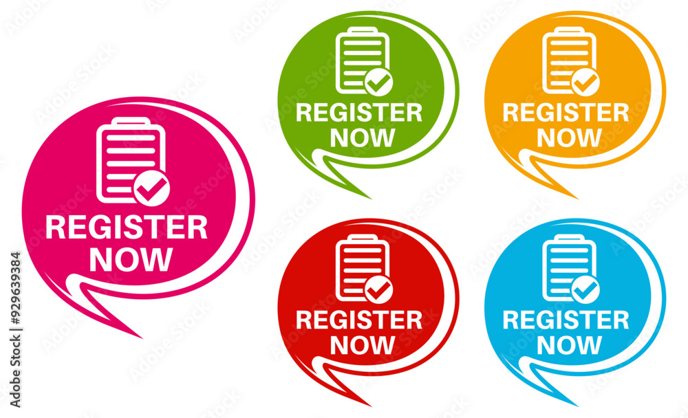 set modern stylish Register Now icon. registration Announcement Label ...