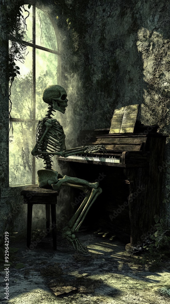 Skeleton sitting at a piano, in a dusty old mansion, with cobwebs and ...