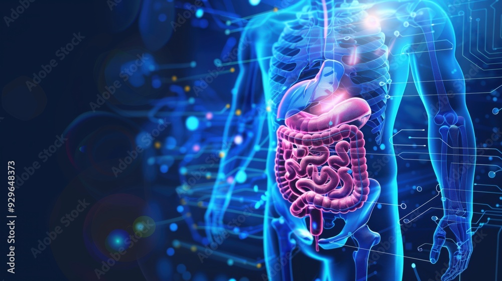 Digital illustration of human anatomy focusing on the digestive system ...