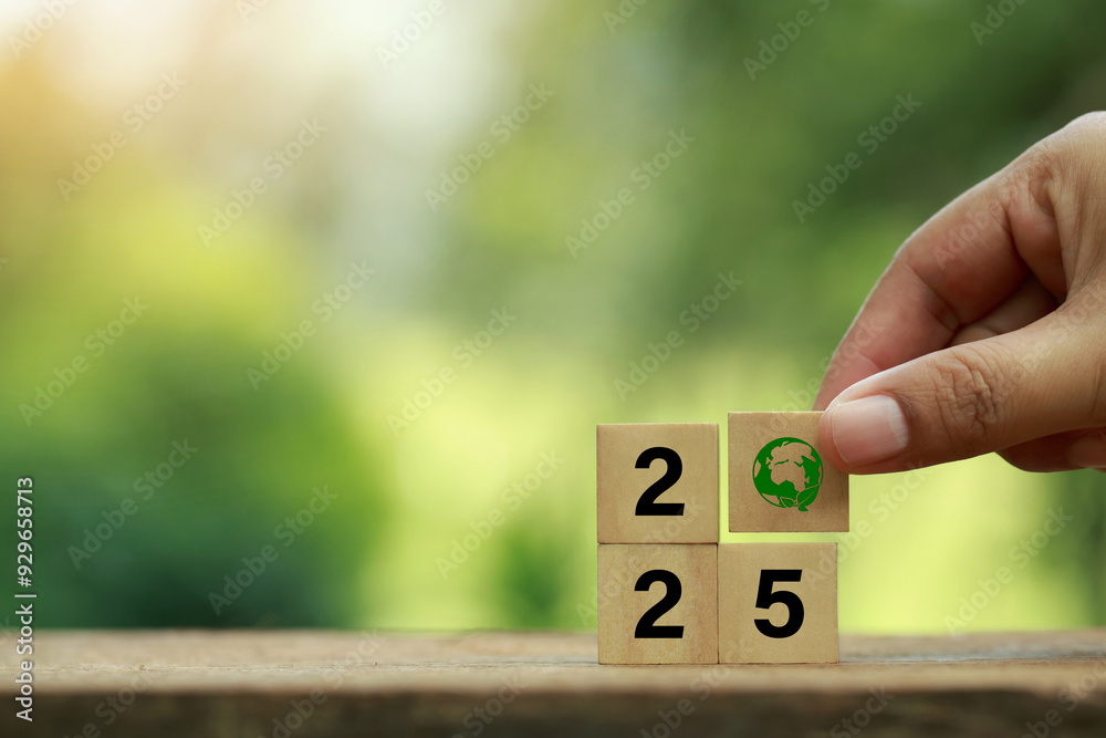 2025 New Year concept. Hand holding green world icon on Wooden cube ...