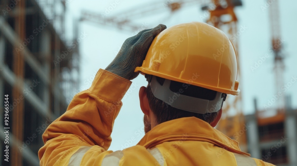 Safety First: Construction Worker Adjusting Helmet with Vigilant ...