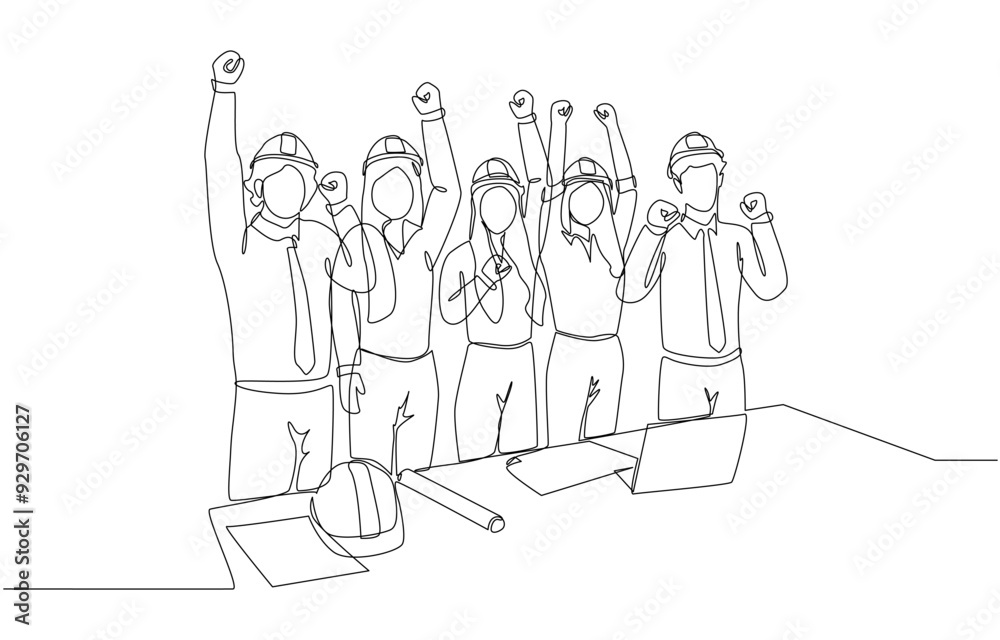 Continuous one line drawing of happy engineers celebrating project ...