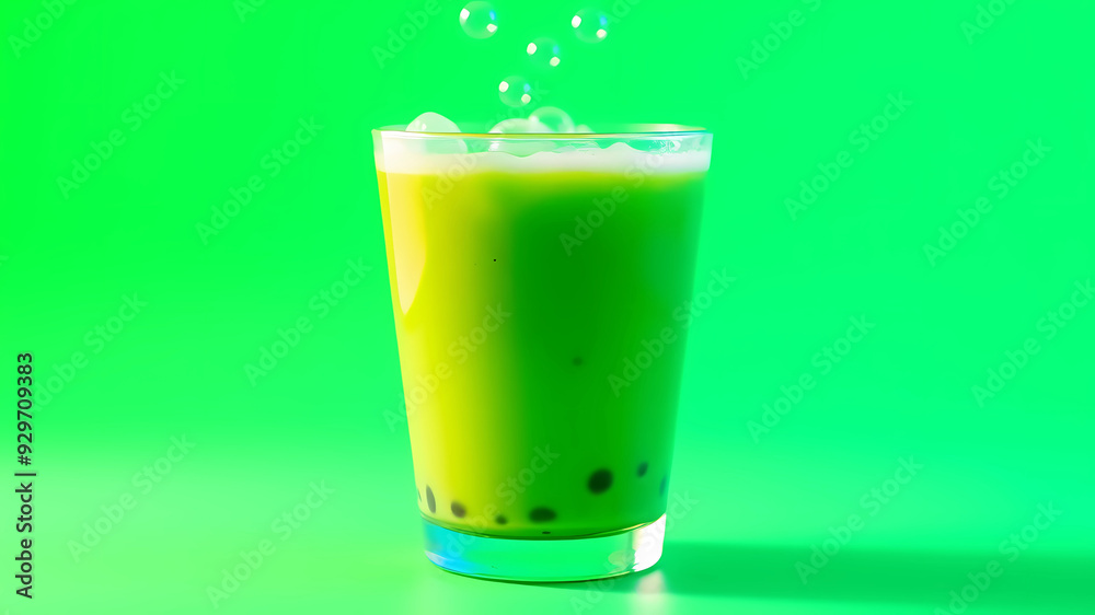 floating green matcha bubble tea. cgi. clear cup. studio photography ...