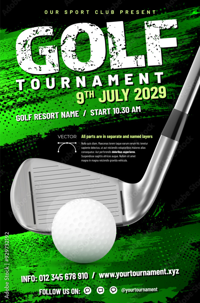 Golf tournament poster template with metal club, ball and grungy dirty ...