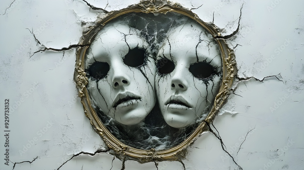 A cracked haunted mirror with distorted Halloween masks, surrealism art ...