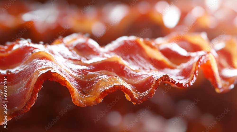 Close-up of crispy, sizzling bacon strips with a deliciously rich ...