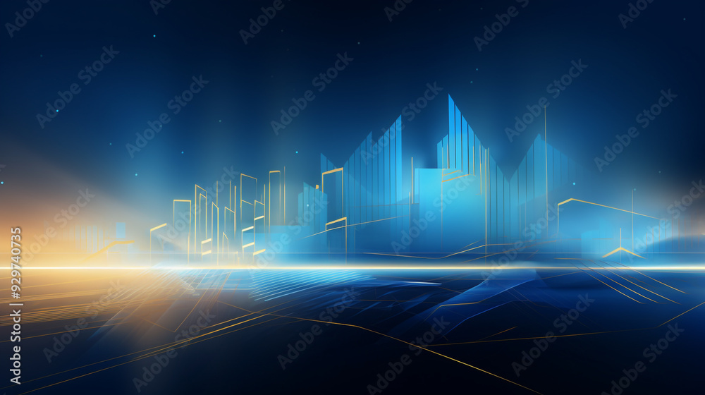 Abstract glowing big business candlestick chart on blurry city backdrop ...