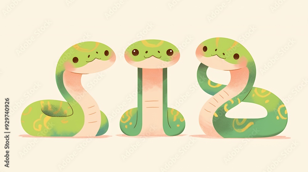 Cute cartoon snakes in playful poses with vibrant green colors. Stock ...
