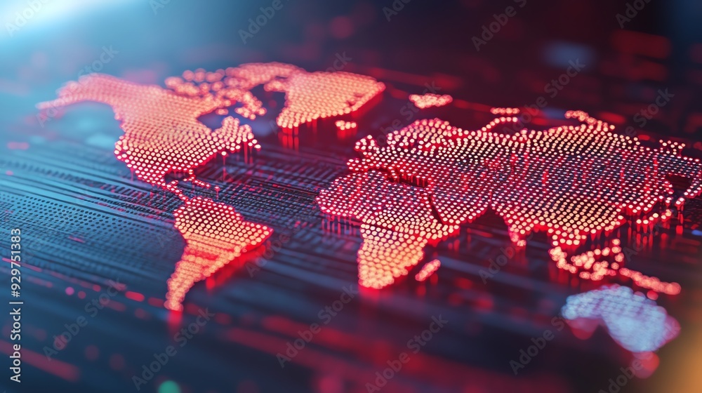 Stylized digital world map with glowing red dots, representing global ...