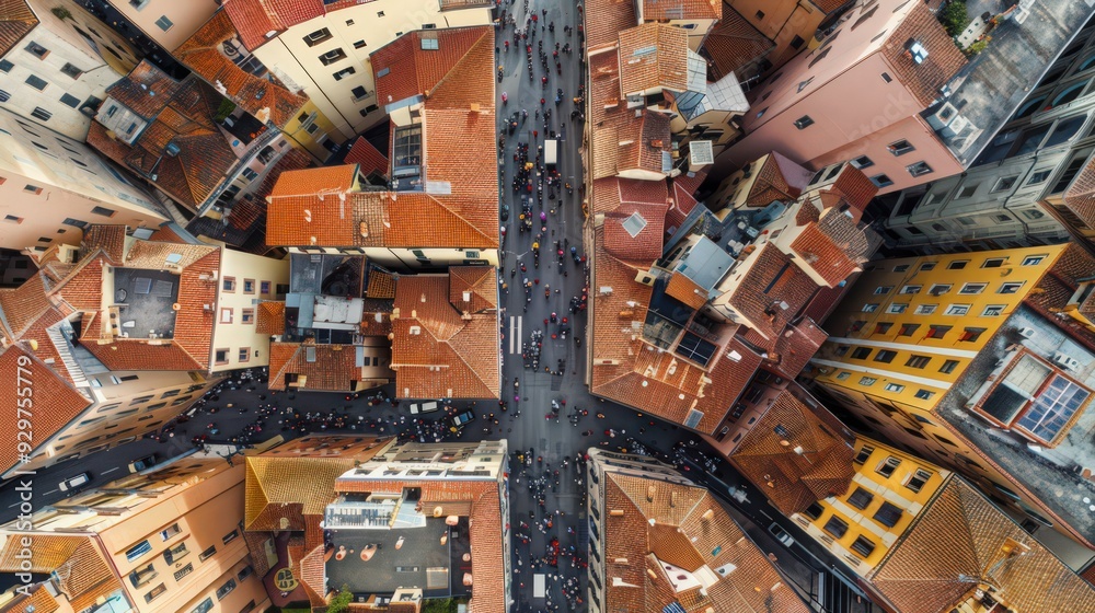 Visualize an aerial view of a historic city center, with narrow streets ...