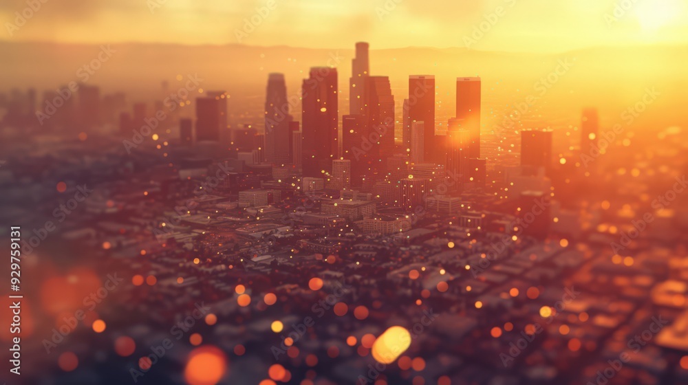 Visualize the Los Angeles skyline with a lens flare effect, adding a ...