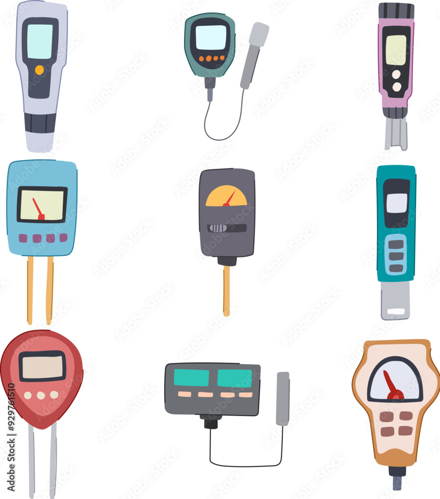 ph meter set cartoon. electrode solution, measurement probe, sensor ...