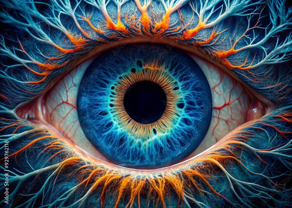 Vibrant blue iris with intricate network of blood vessels and optic ...