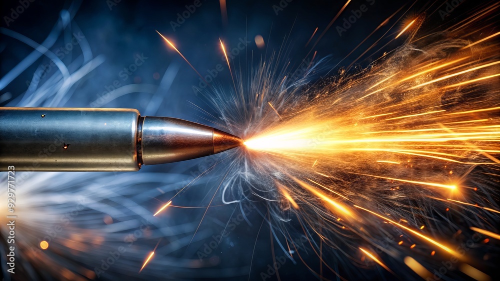 High-speed bullet piercing through air, trailing sparks and smoke ...