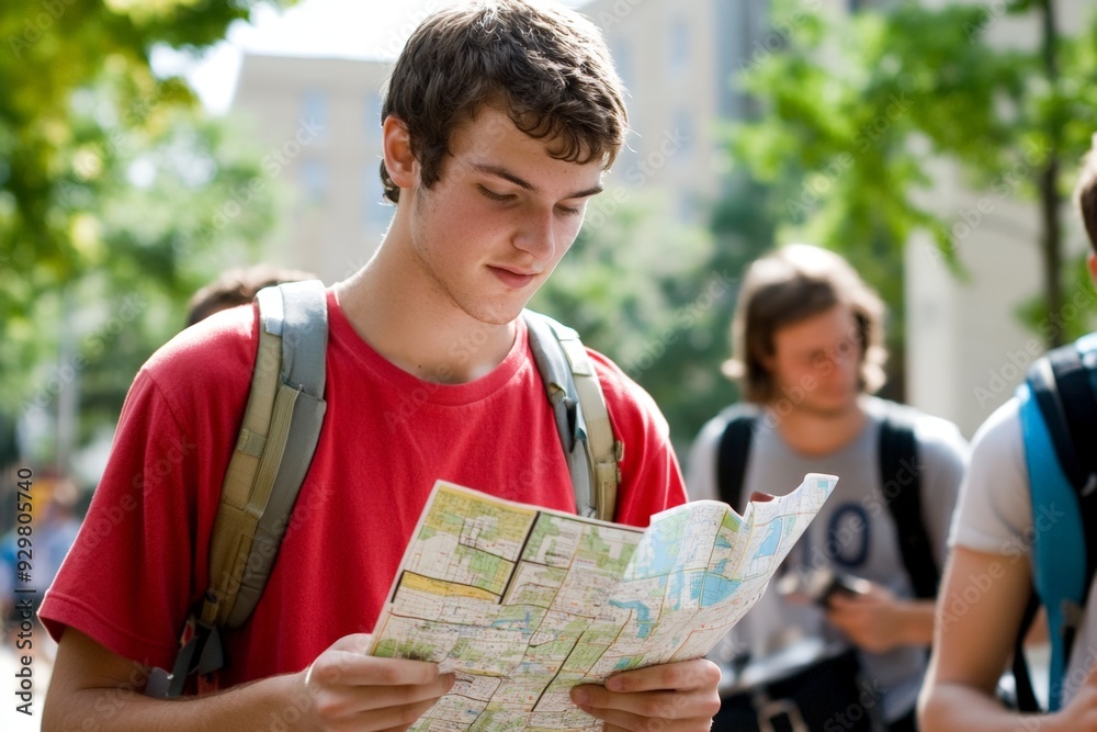 College students exploring their new campus, map in hand, discovering ...