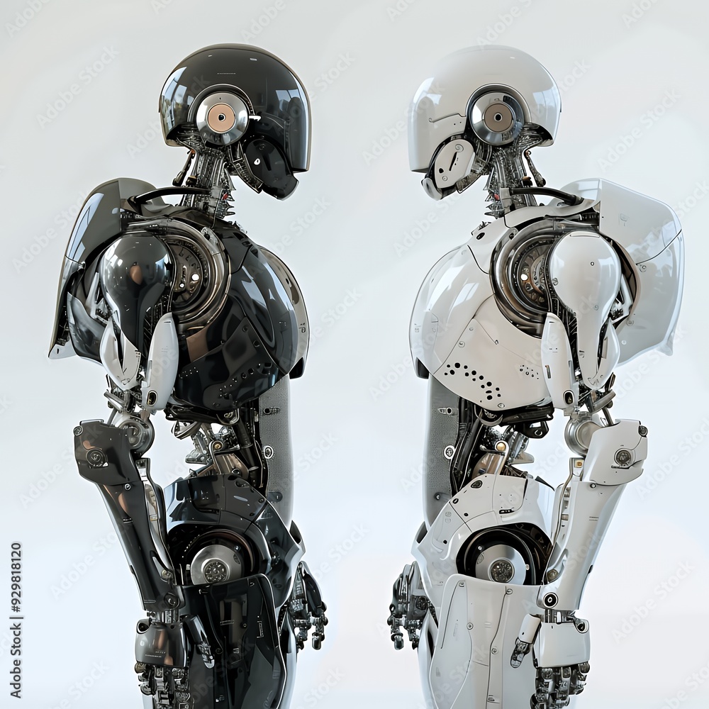 Two humanoid robots, one black and one white, stand facing each other in a futuristic design ...