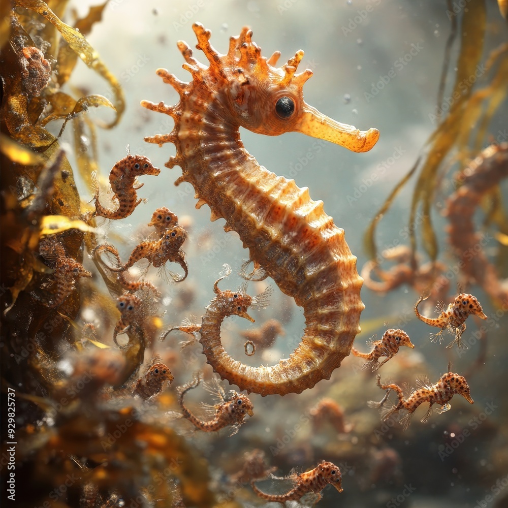 Seahorse Family - Underwater Life with Baby Seahorses in Seaweed. Stock ...