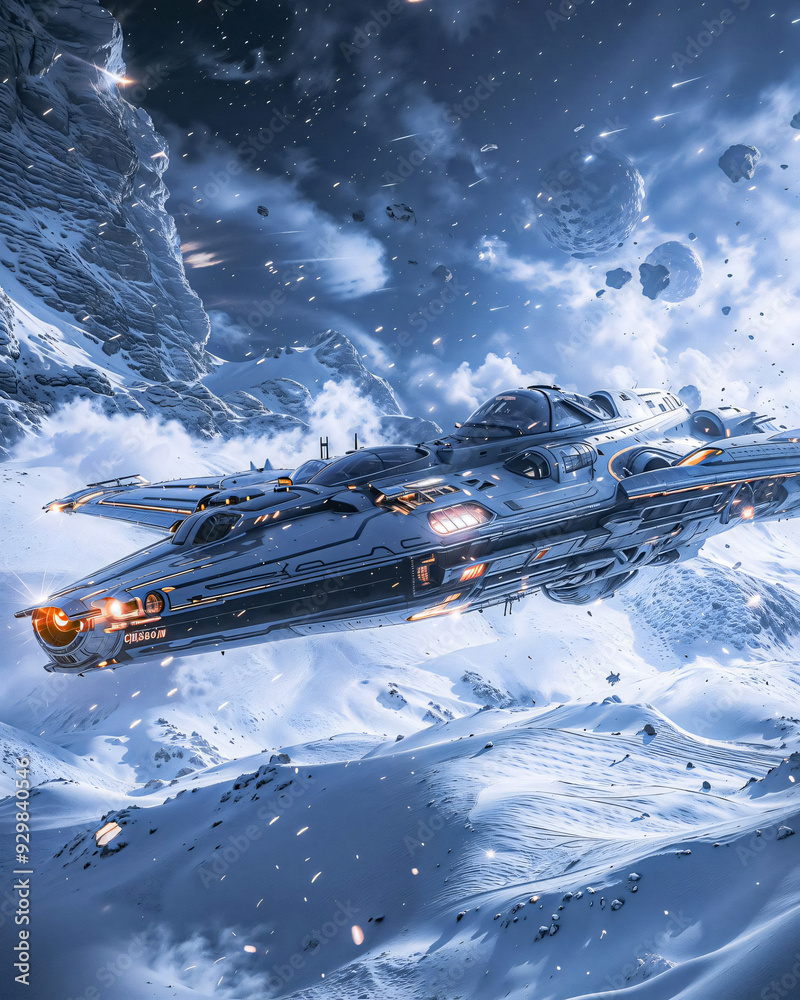 a futuristic spaceship, resembling a fighter jet, flying through a ...