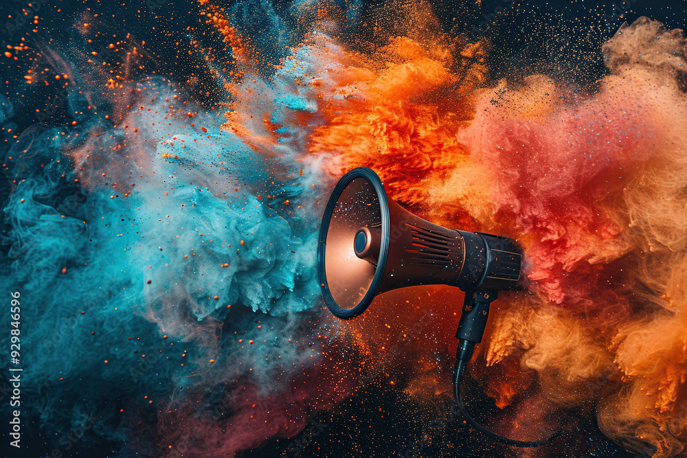 A megaphone speaker or loudspeaker megaphone releases an explosion of ...