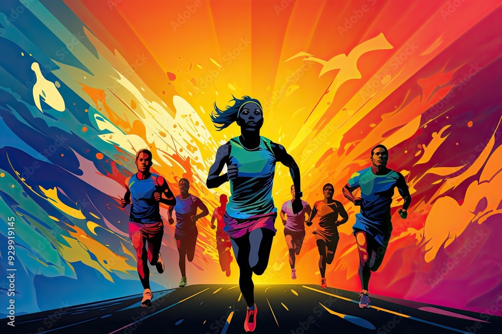 Advertising of marathon poster illustrated with a group of runners in ...