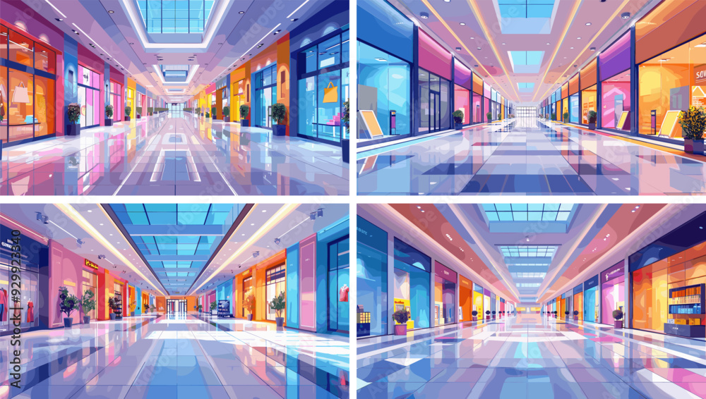 Large trade center cartoon vector scenes. Shopping fashion mall ...