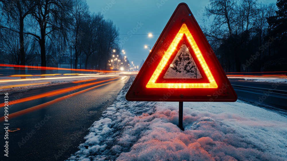 At night, a red triangle warning sign indicates an emergency stop ...