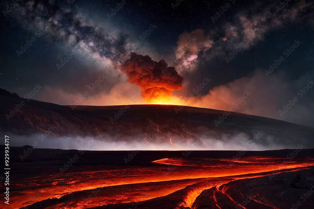 Massive volcano eruption. Milky Way. A large volcano erupting hot lava ...
