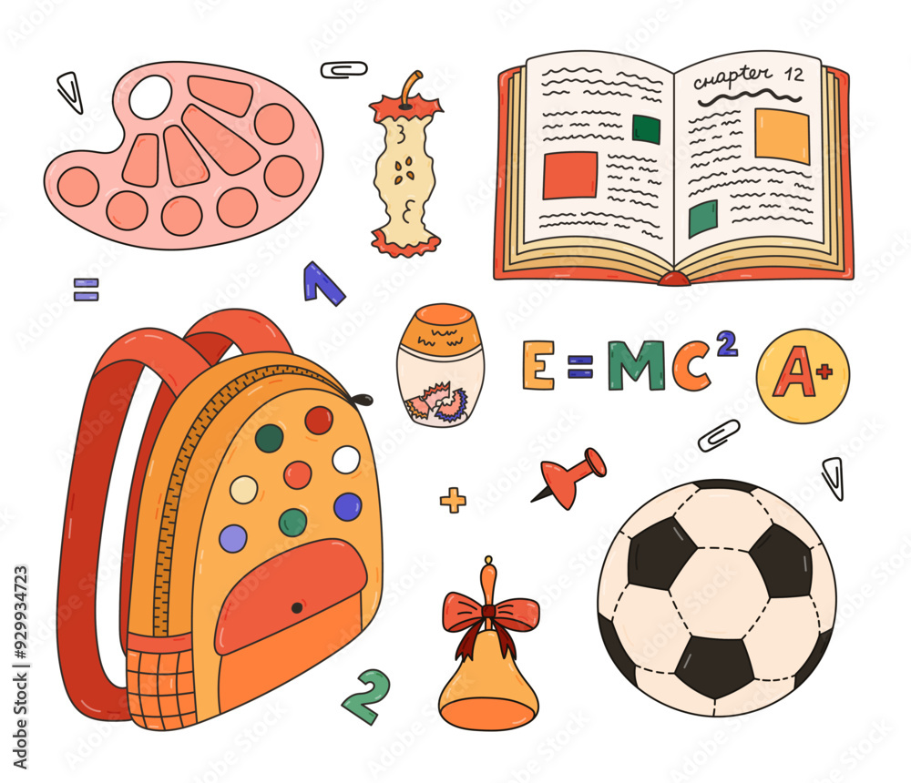 Vector de Stock Cute colourful doodle set with kids school supplies ...