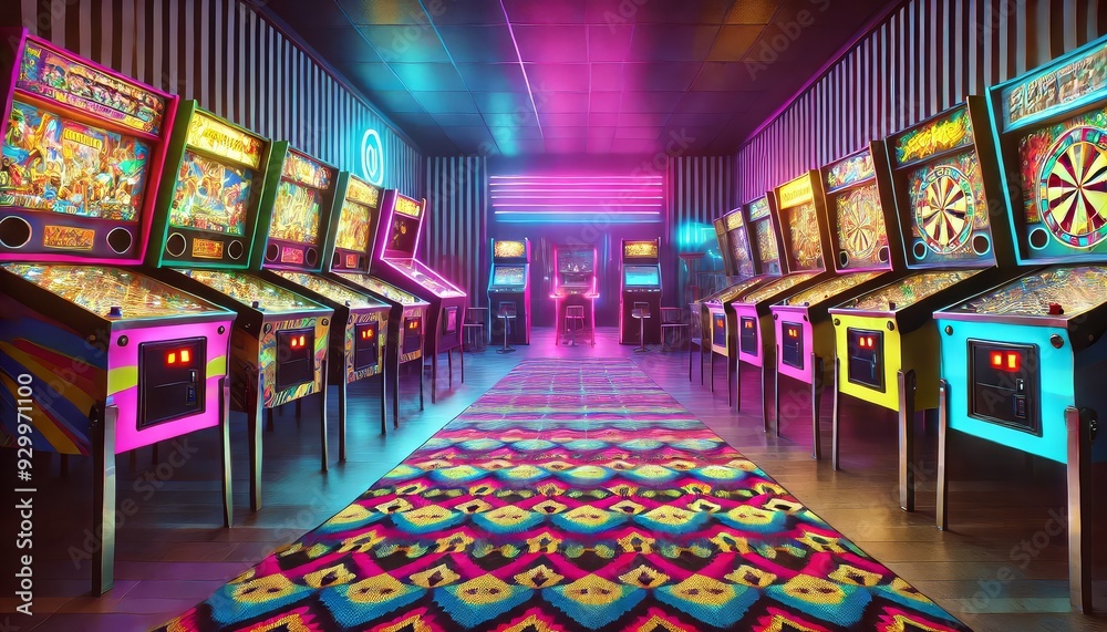 Colorful 90s Retro Arcade with Neon Lights and Vibrant Pinball Machines ...