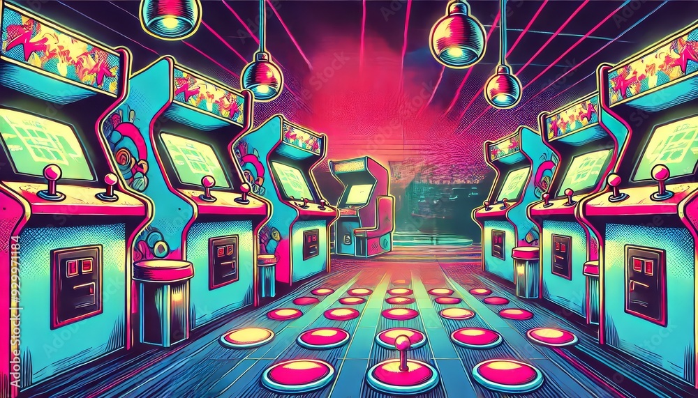 Vibrant 90s Retro Arcade with Neon Lights, Pinball Machines, and ...