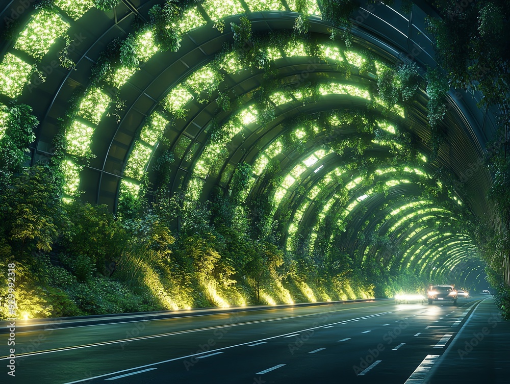 Artistic rendering of an ecofriendly commuter tunnel, lined with green ...