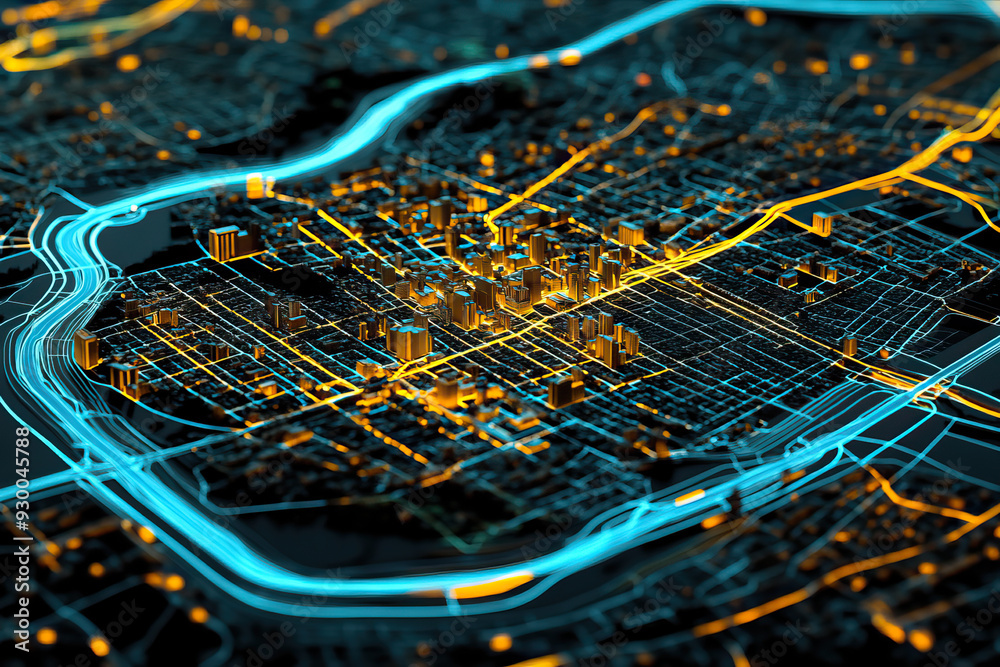 Technical aerial visual, 3D LiDAR GIS aerial map satellite scan model ...