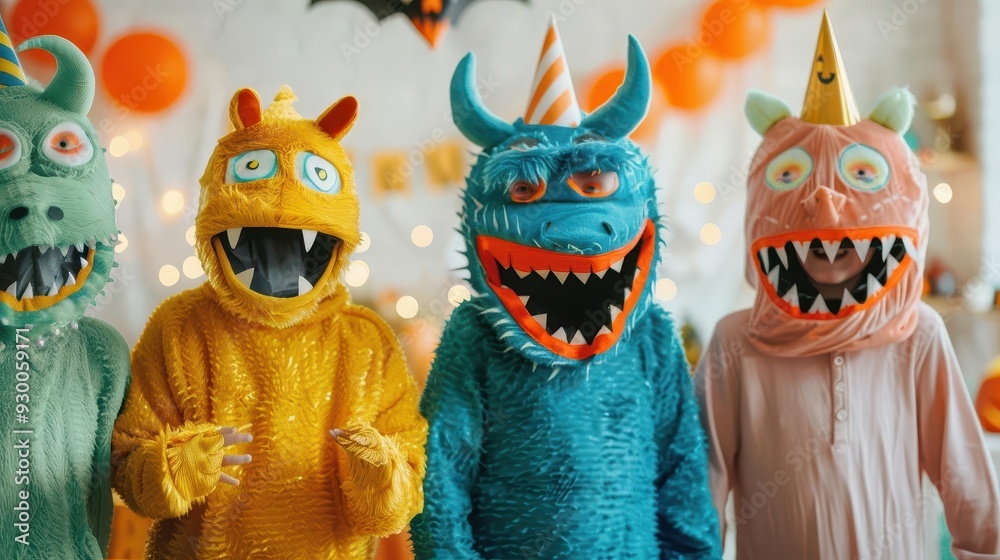 Guests in monster costumes at a Halloween birthday party, Halloween ...