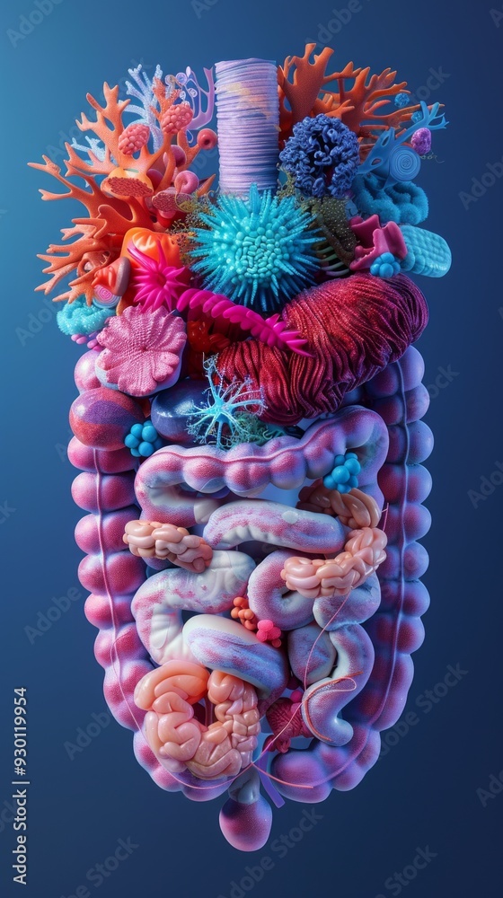 Artistic representation of vibrant intestines with red small and blue ...