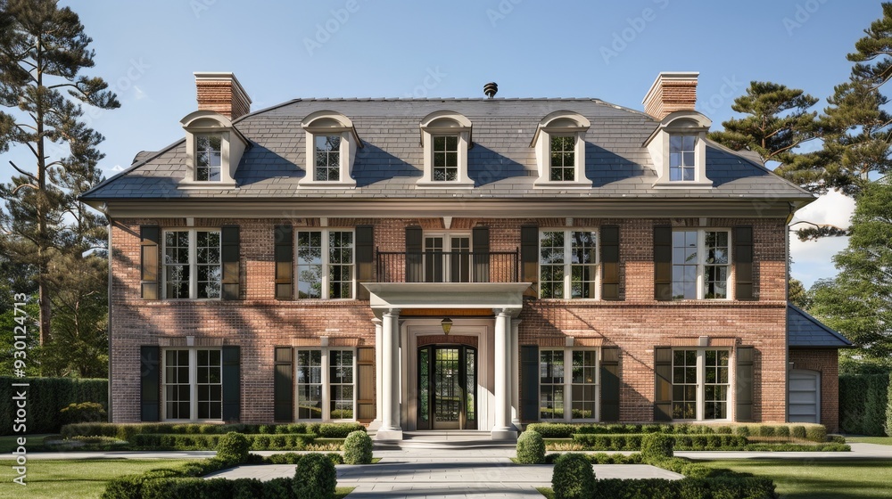 Design an image of a colonial-style home exterior with symmetrical ...