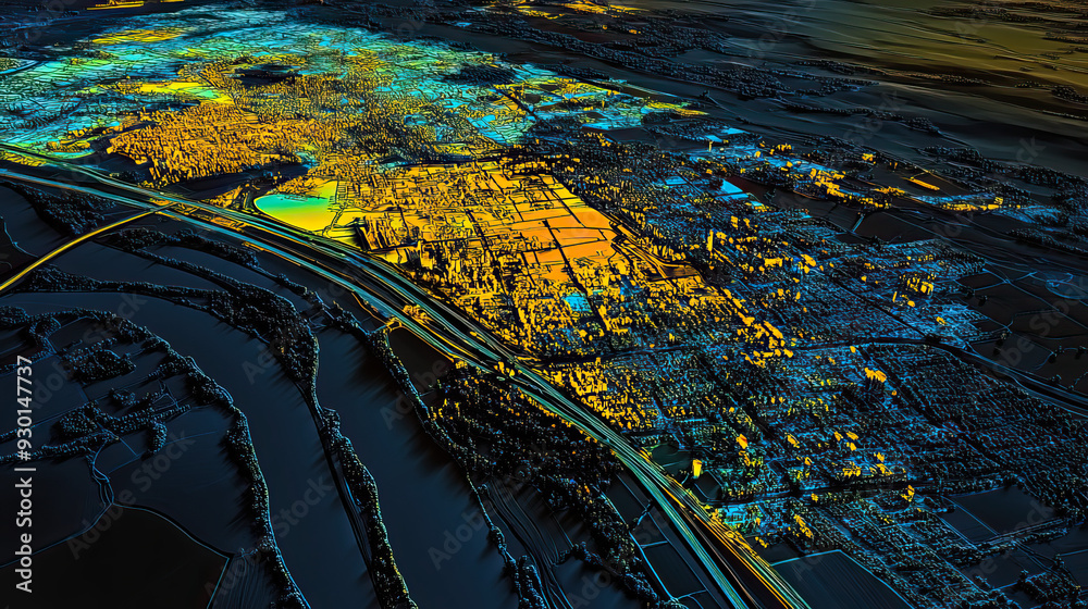 Technical aerial visual, 3D LiDAR GIS aerial map satellite scan model ...