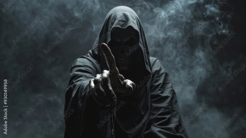 The grim reaper reaches out with a bony finger, shrouded in darkness ...