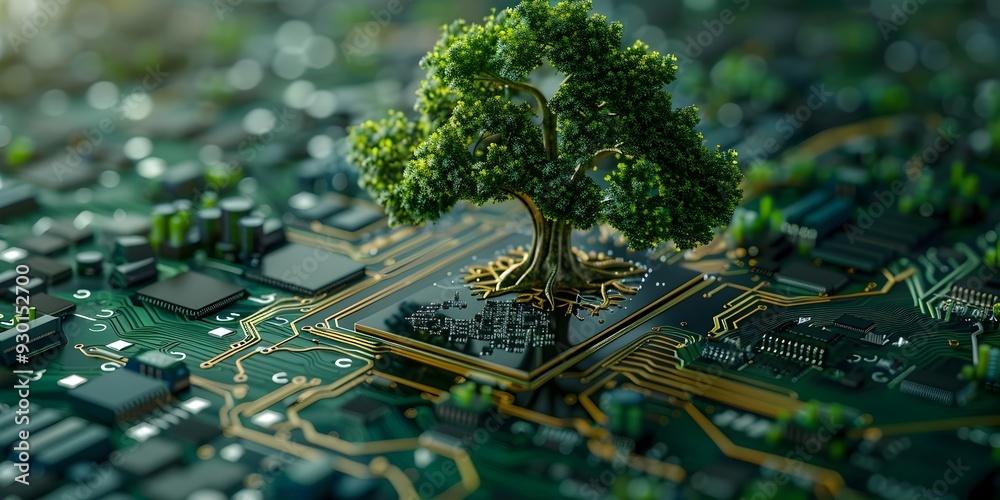 Emerging Green Technology Tree Growing from Motherboard Digital ...