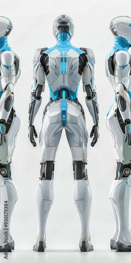 Futuristic humanoid robots stand in a sleek studio, showcasing advanced design and technology ...