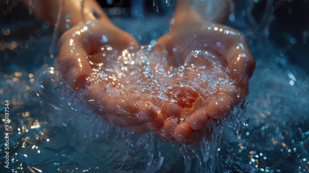 Lathered hands under a stream of water (close up, health and safety ...