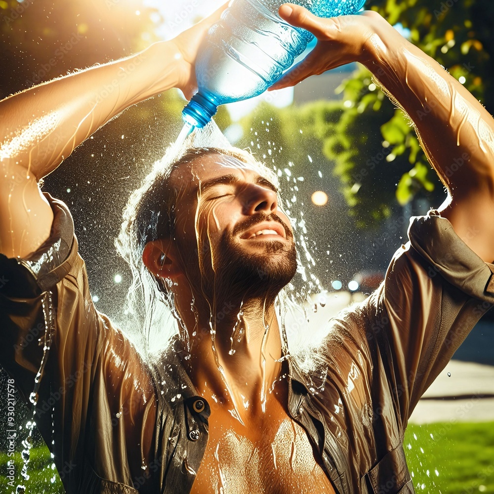 Man seeks relief from the intense summer heat, pouring cold water over ...