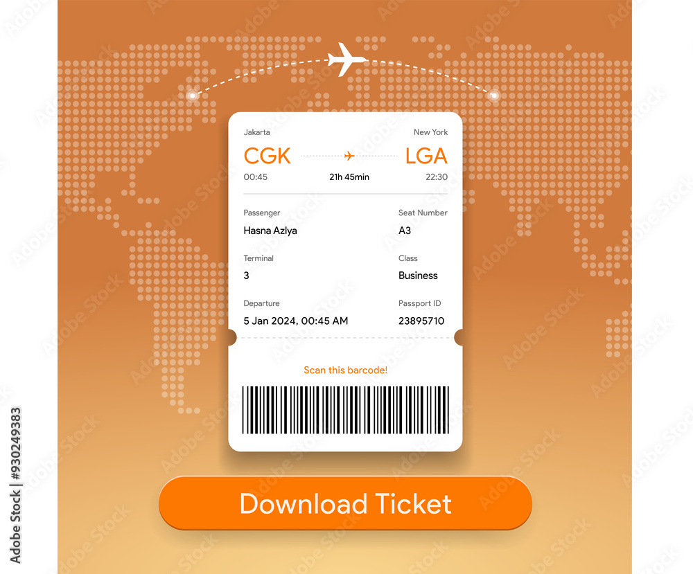 Digital boarding pass template. Airplane E-ticket travel data of ...