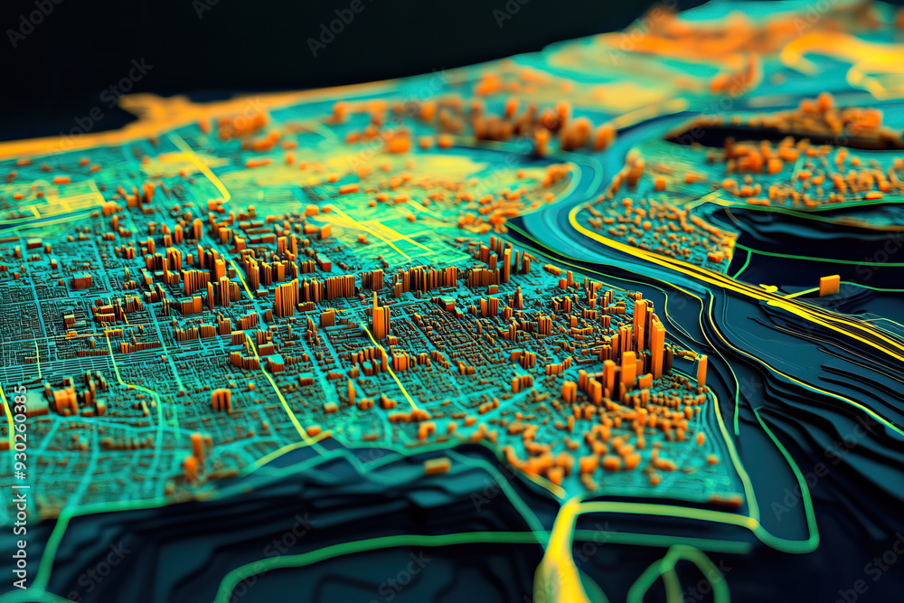 Stock-Illustration „Technical aerial visual, 3D LiDAR GIS aerial map ...